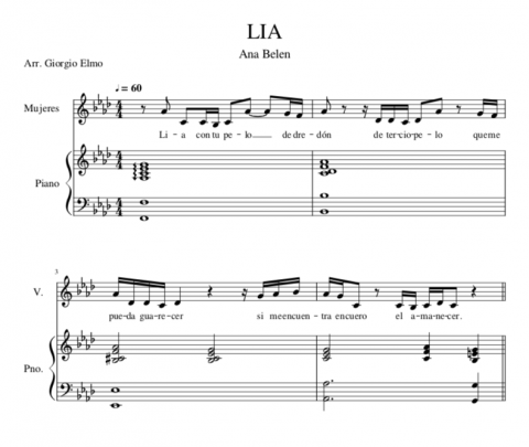 Lia – Ana Belen. PDF Partitura piano accomp. y voz. Arr. by Giorgio Elmo.